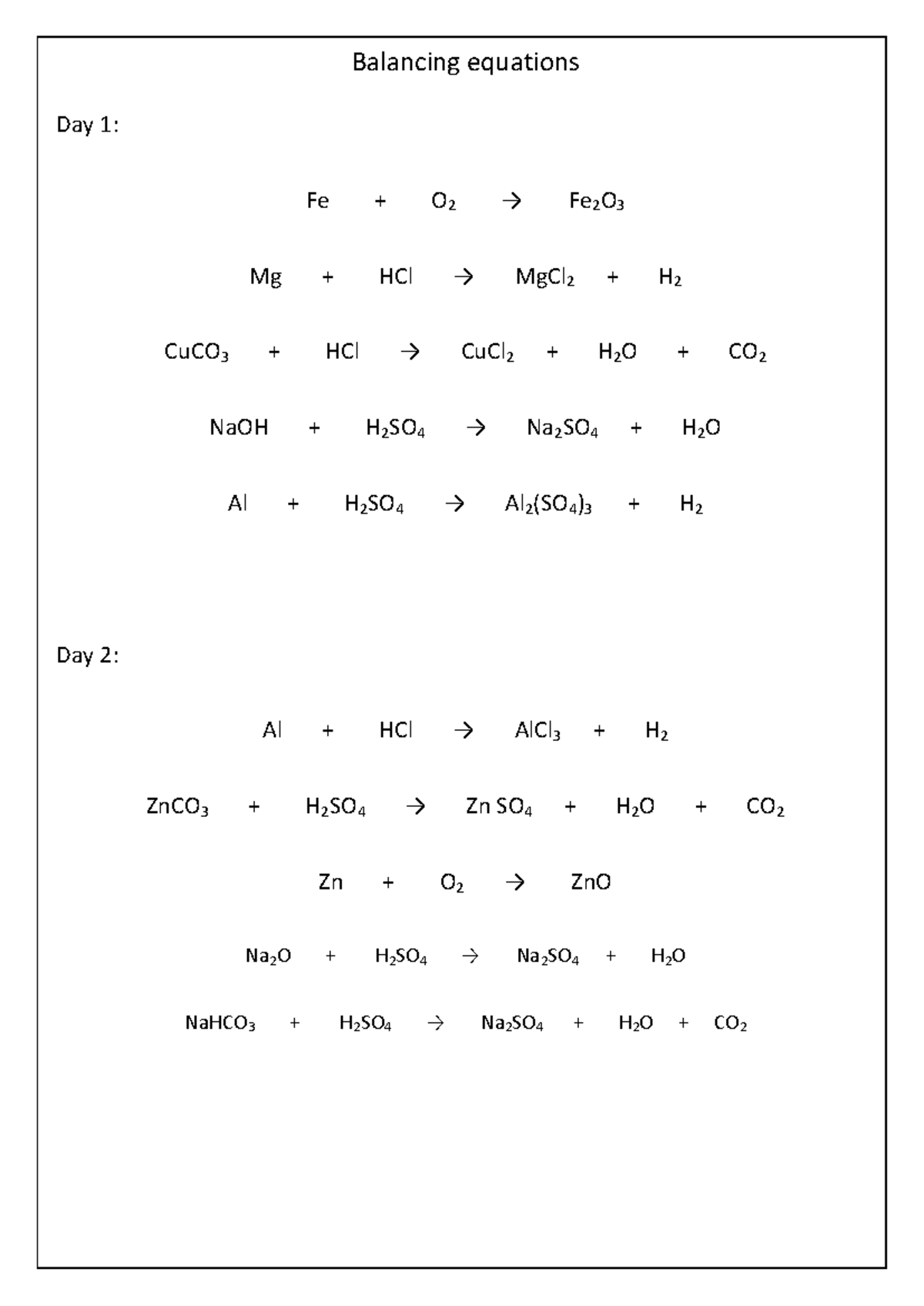 Balancing Chemical Equations: Comprehensive Guide for Day 1-6 - Studocu