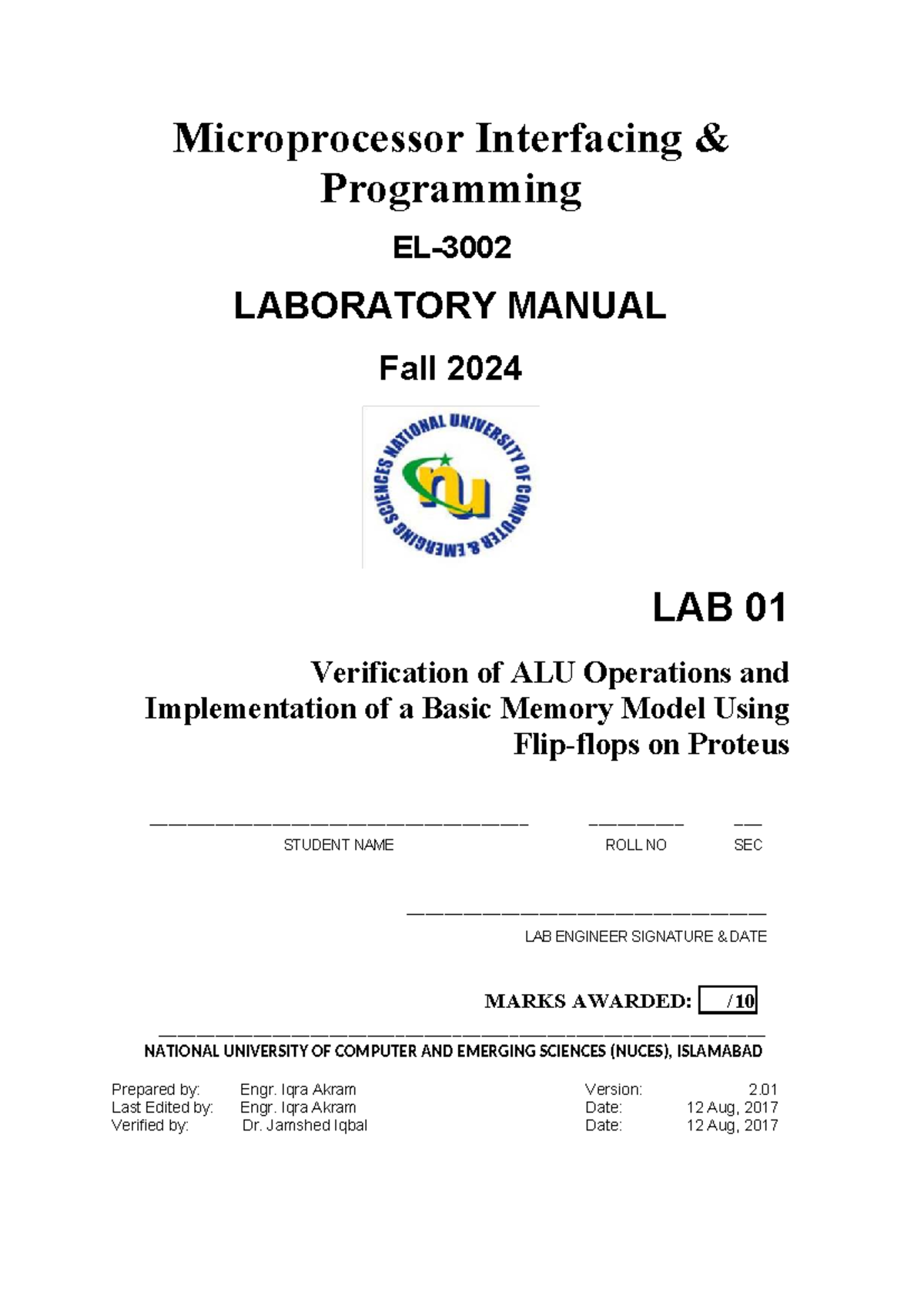 LAB 01: ALU Operations Verification & Basic Memory Model - MIP NUCES ...