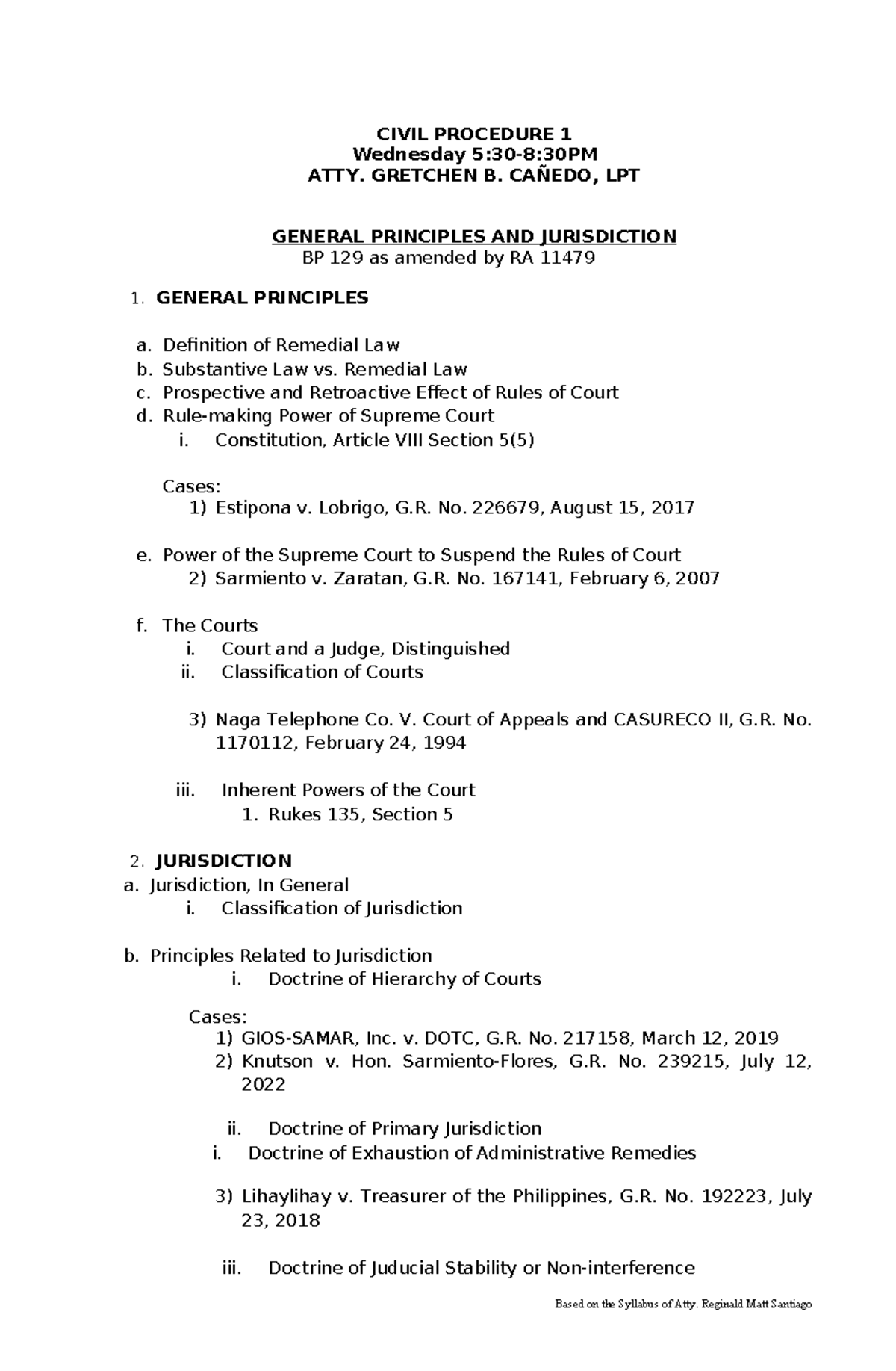 CIVIL PROCEDURE 1 Syllabus: General Principles & Jurisdiction BP 129 ...