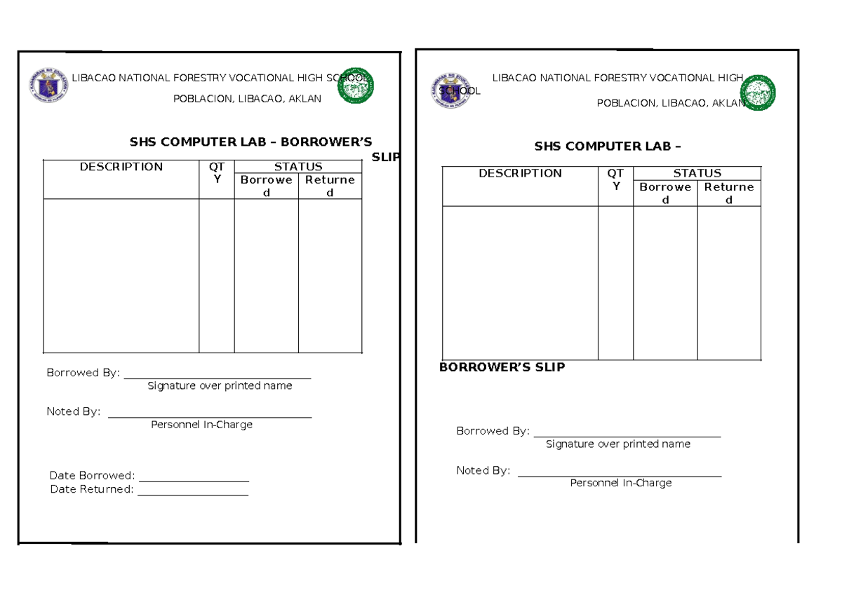 SHS COM LAB Borrower'S SLIP - LIBACAO NATIONAL FORESTRY VOCATIONAL HIGH ...