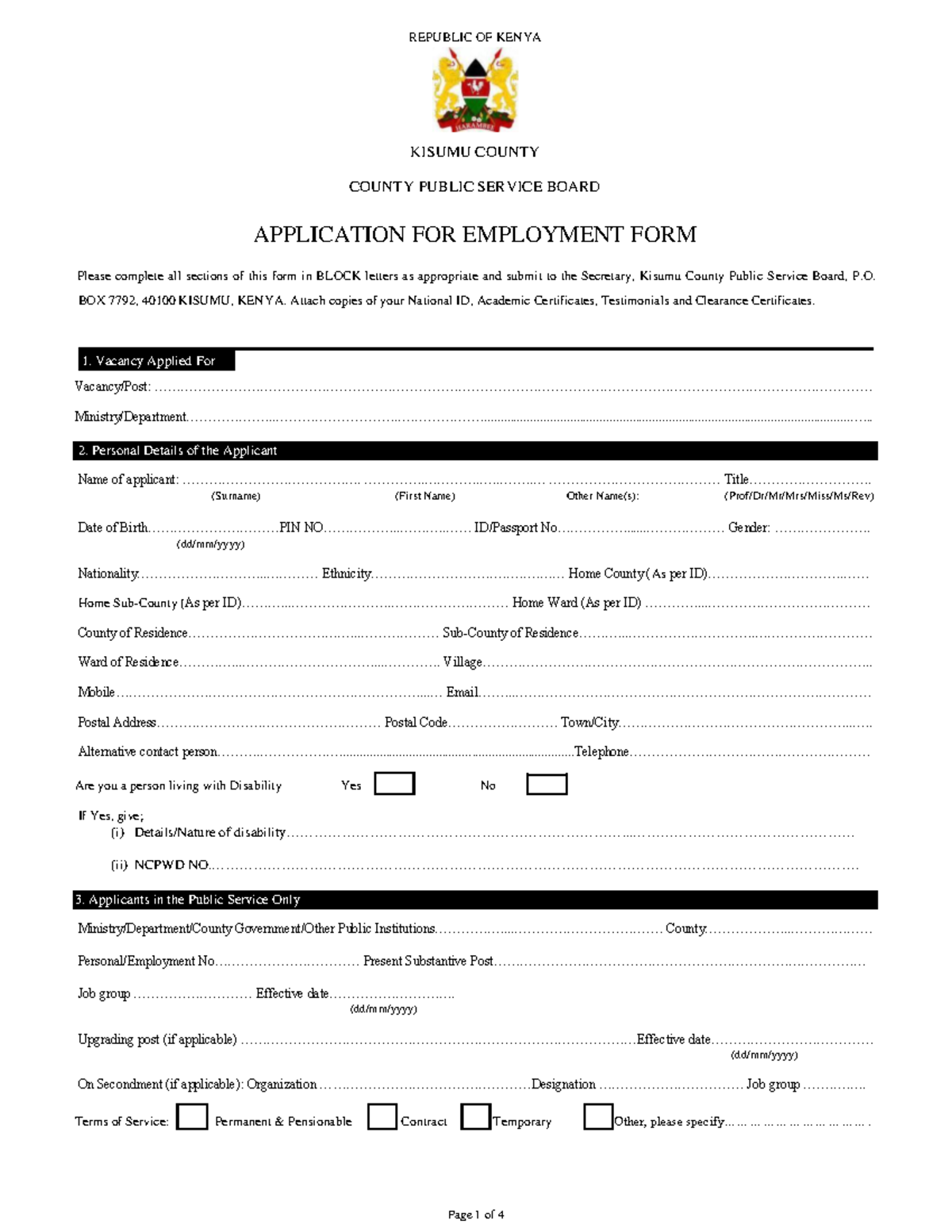 Application For Employment Form - REPUBLIC OF KENYA KISUMU COUNTY ...