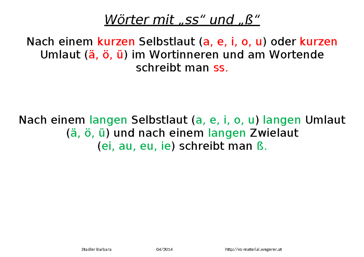 Merkblatt ss oder sz - exercises on spelling - English - Wörter mit „ss ...
