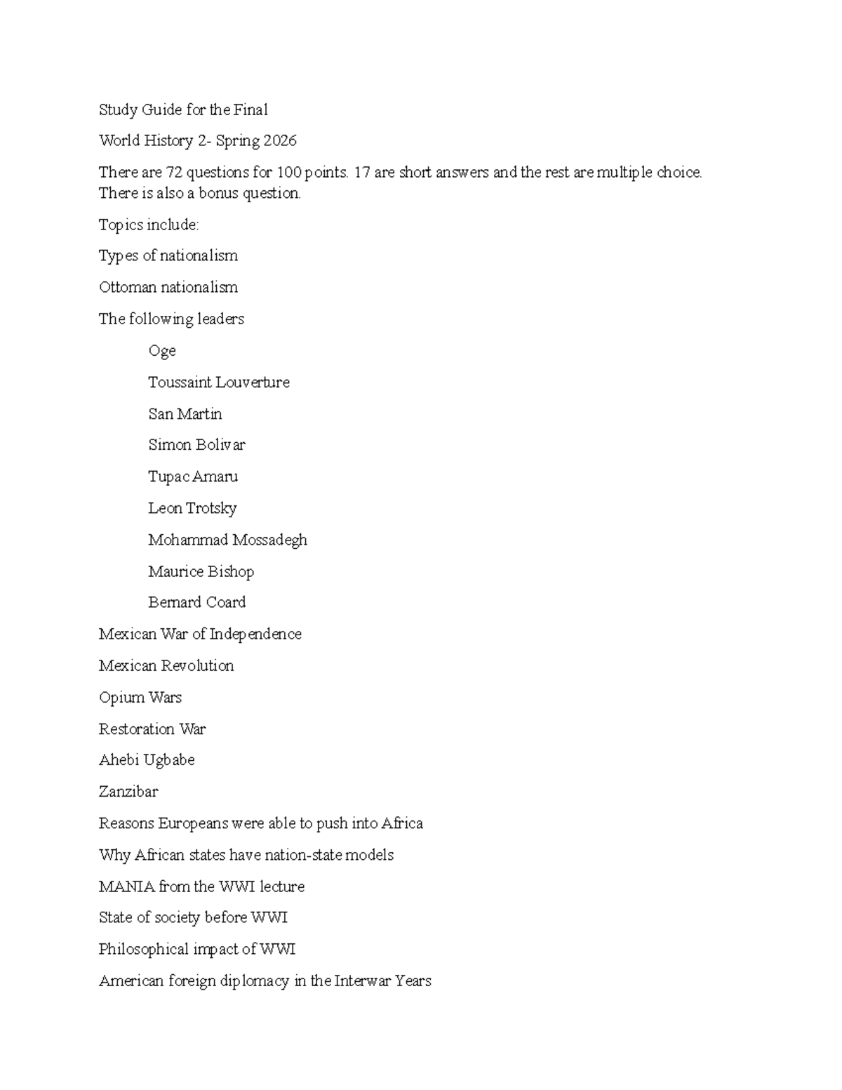 Final Exam Study Guide for World History (HIST 112) Spring 2026 - Studocu