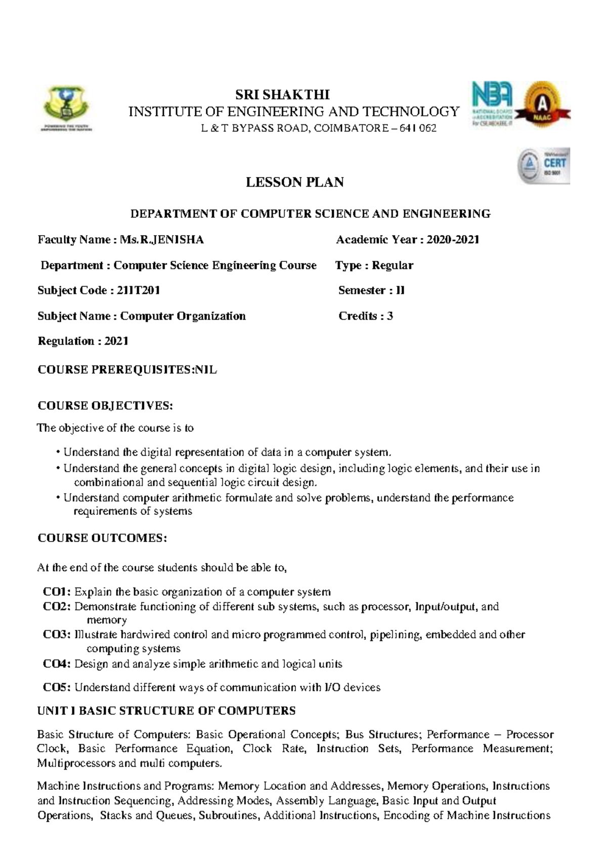 CO-21IT201 Lesson Plan: Computer Organization & Architecture Overview - Studocu