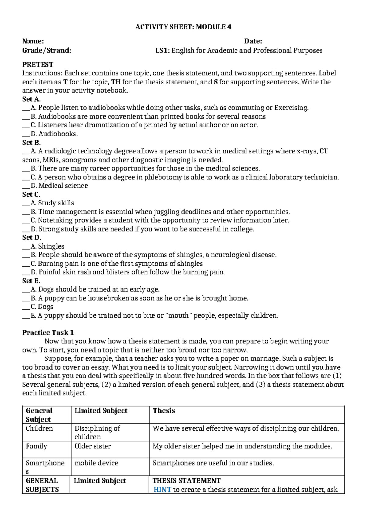 Activity Sheet #4: Pretest for LS1 - English for Academic Purposes ...