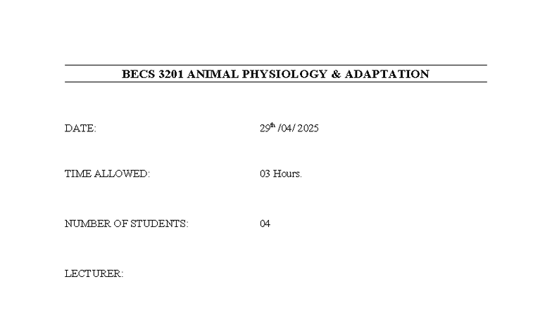 End Sem 2 BECS 3201 Animal Physiology & Adaptation Exam Guide - Studocu
