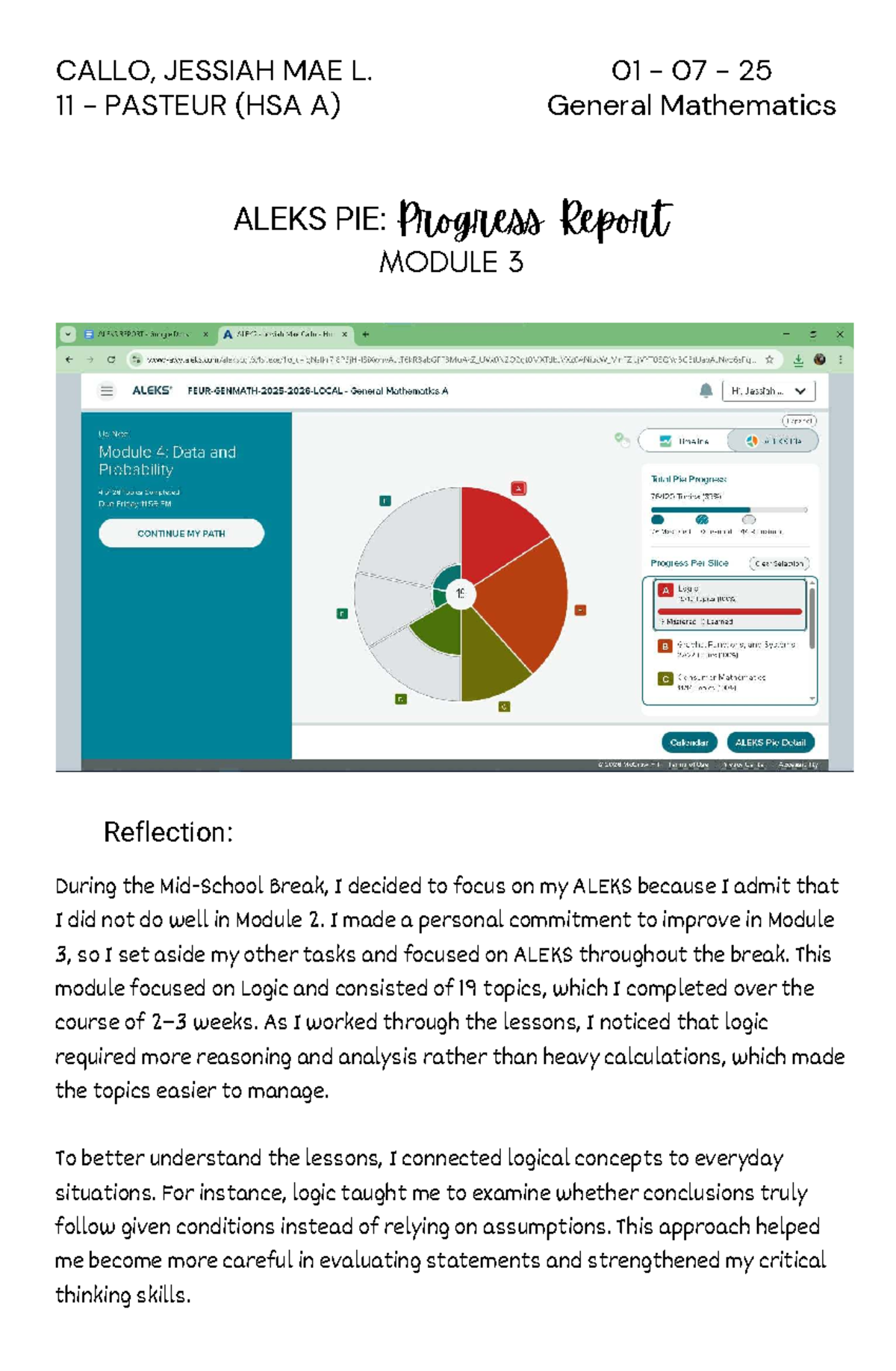HSA A General Mathematics ALEKS Module 3 Progress Reflection - Studocu