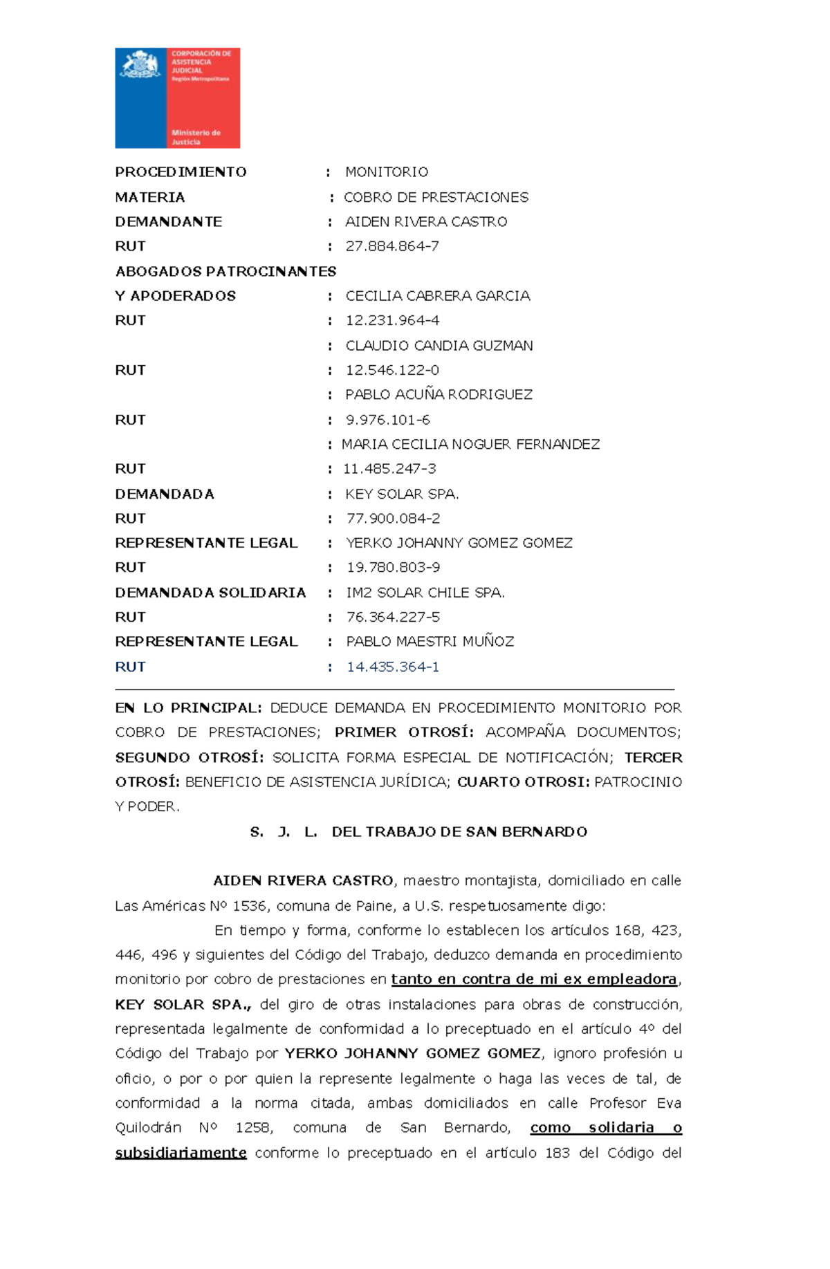 Demanda Monitorio por Nulidad de Despido y Cobro de Prestaciones ...