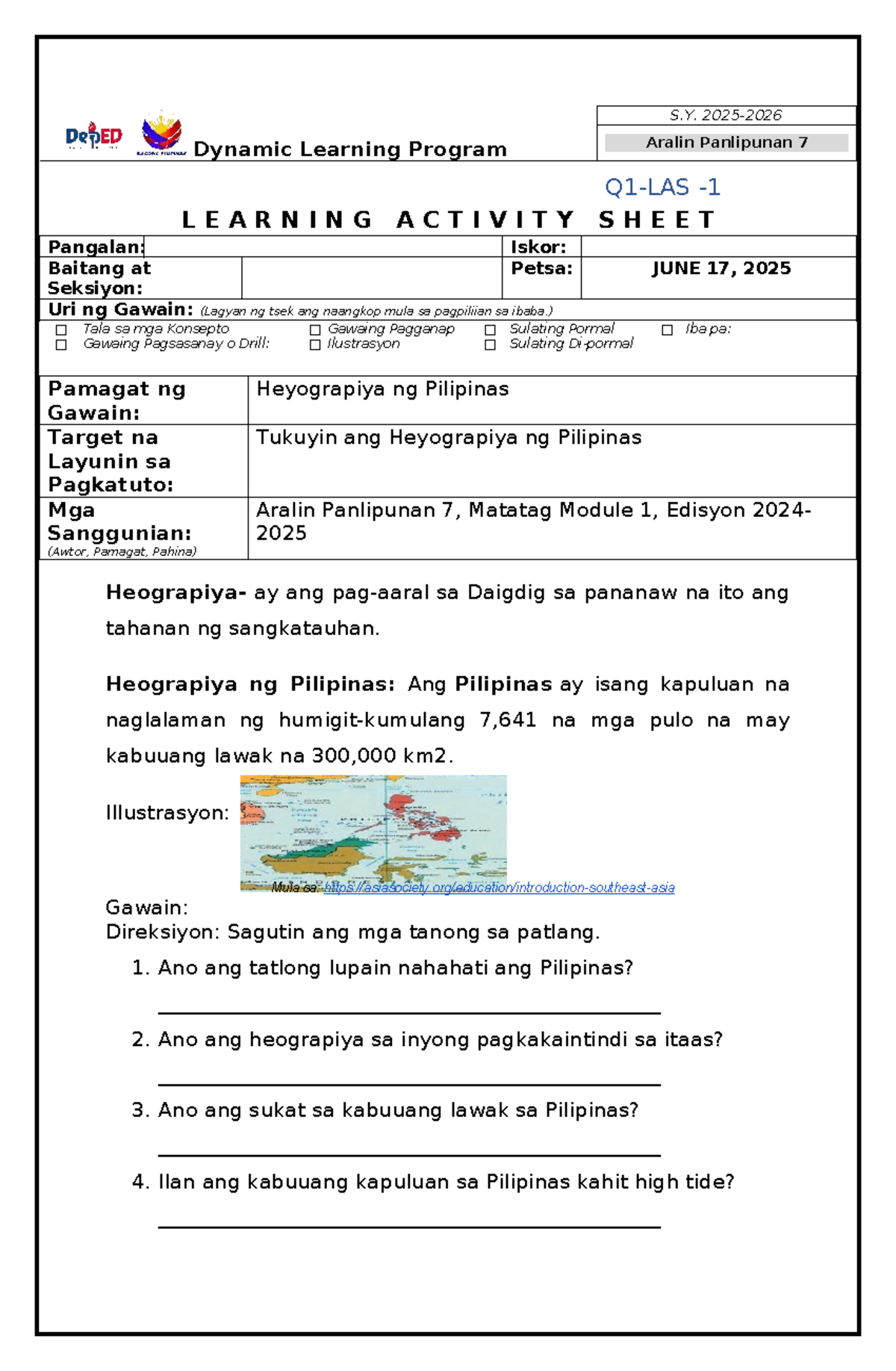 AP 7 - Dynamic Learning Program: Heograpiya ng Pilipinas LAS - Studocu