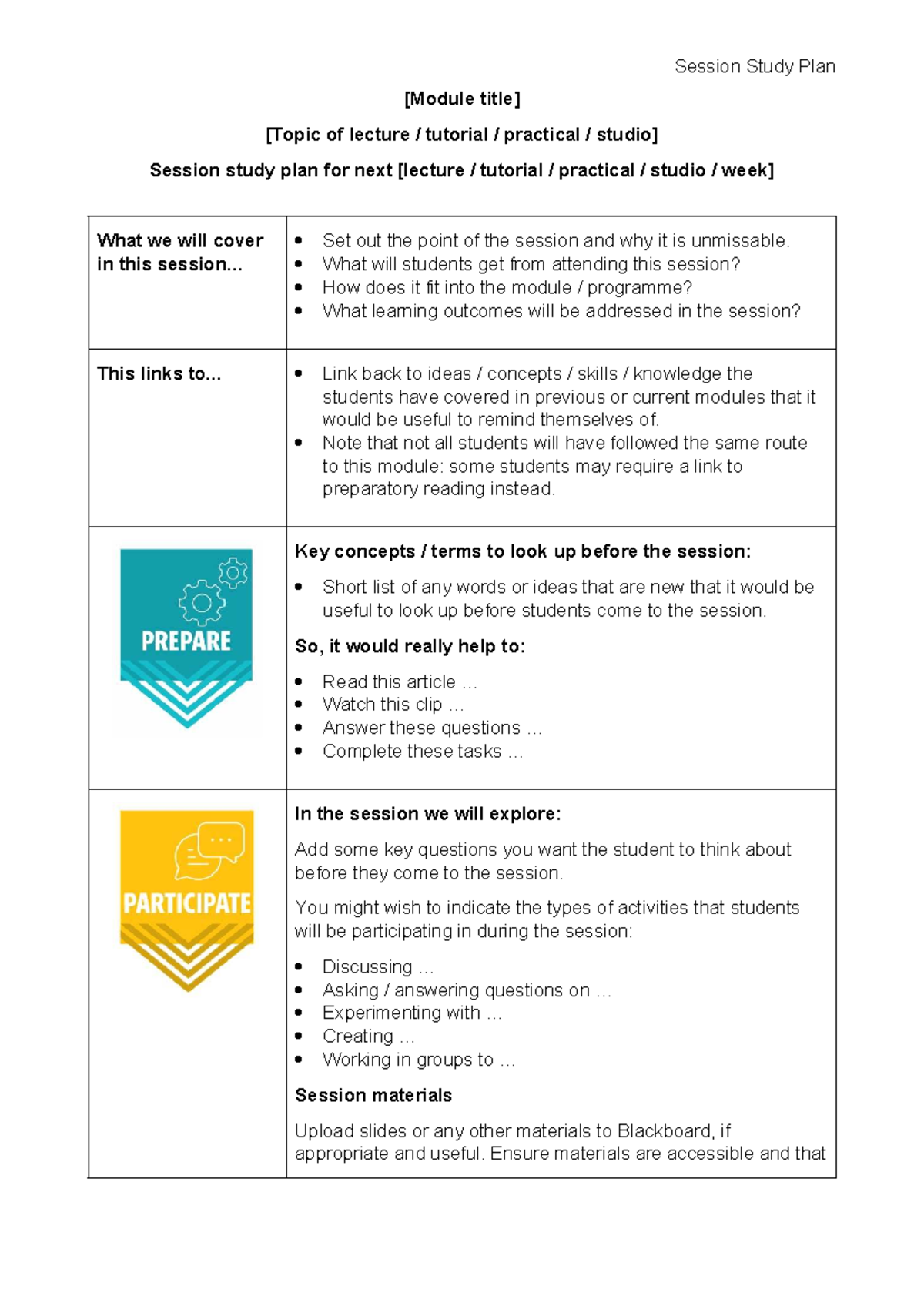 Session Study Plan for Lecture Tutorial Practical (3Ps) - Studocu