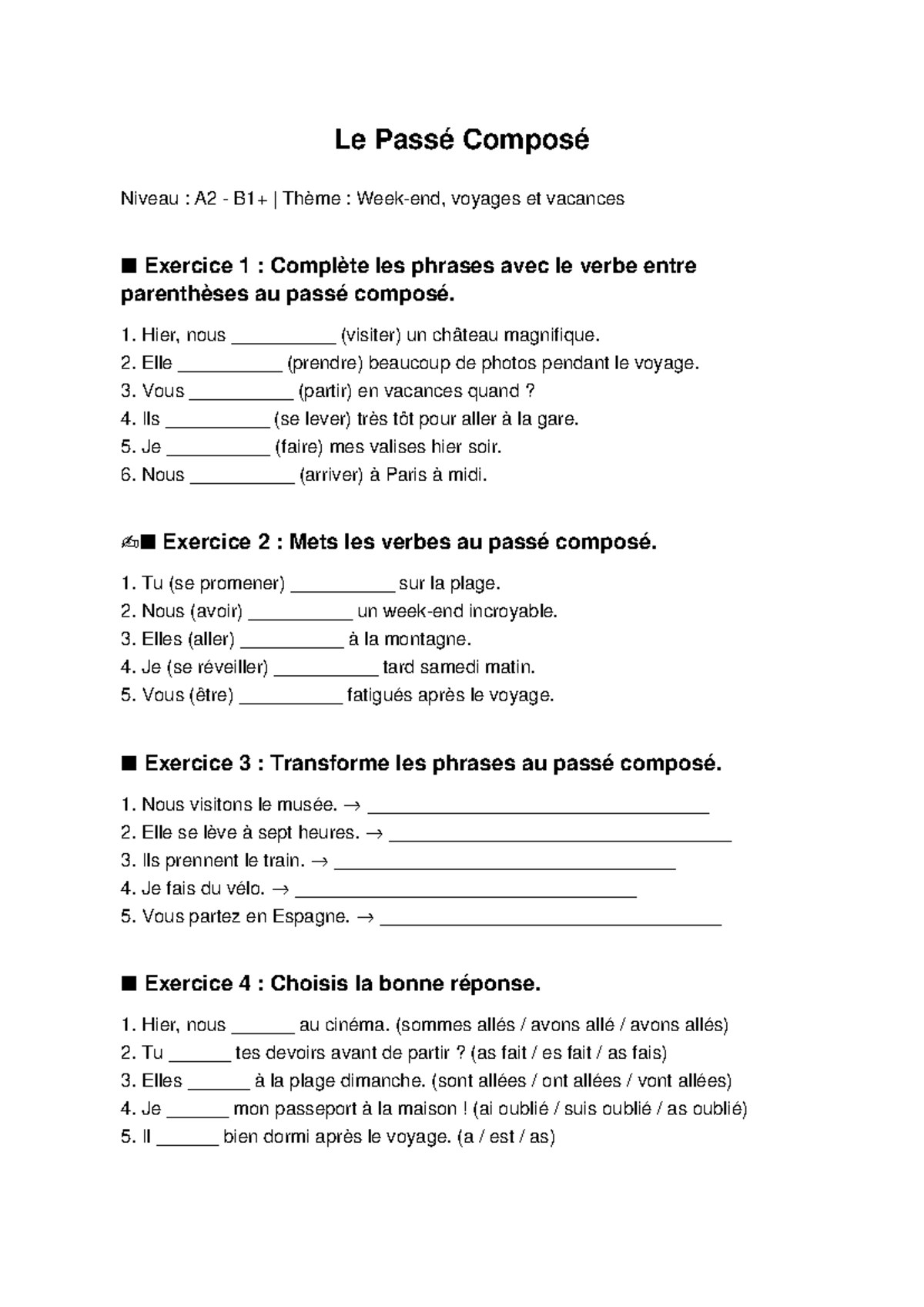 Exercices de Passé Composé A2 : Voyages et Vacances - Studocu