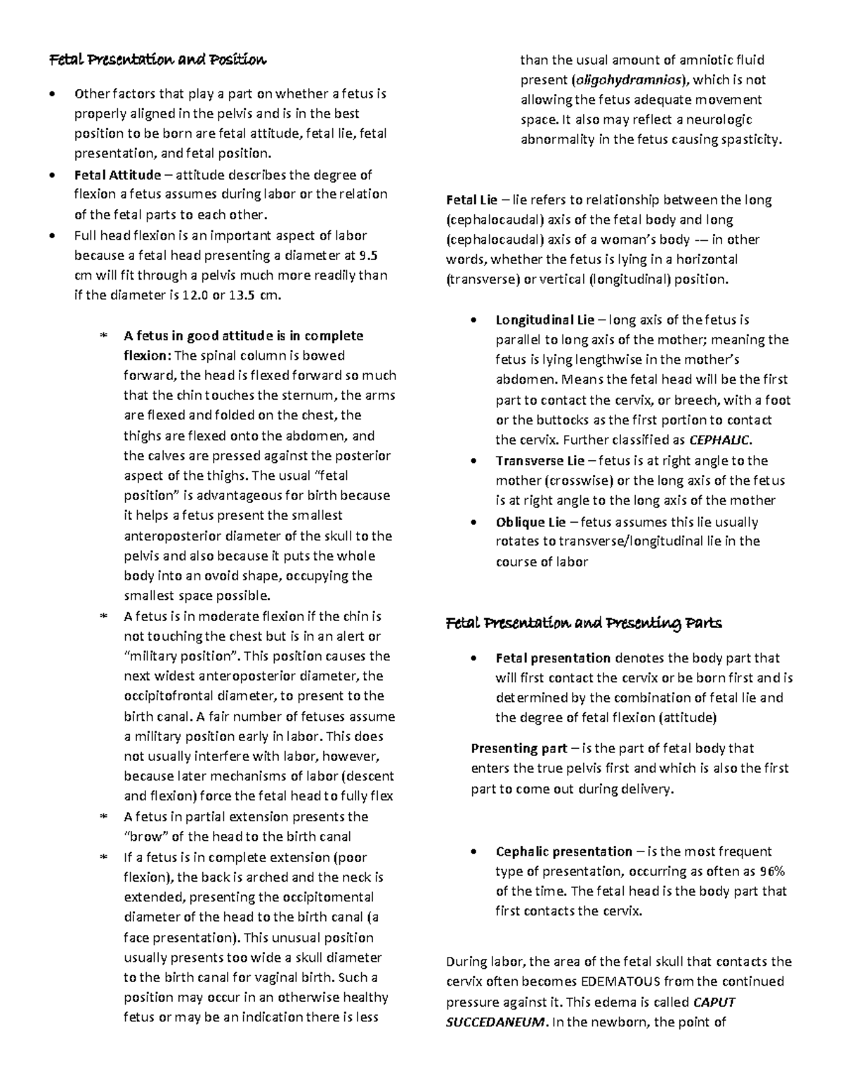 Fetal Presentation and Position Overview for Nursing 101 - Studocu