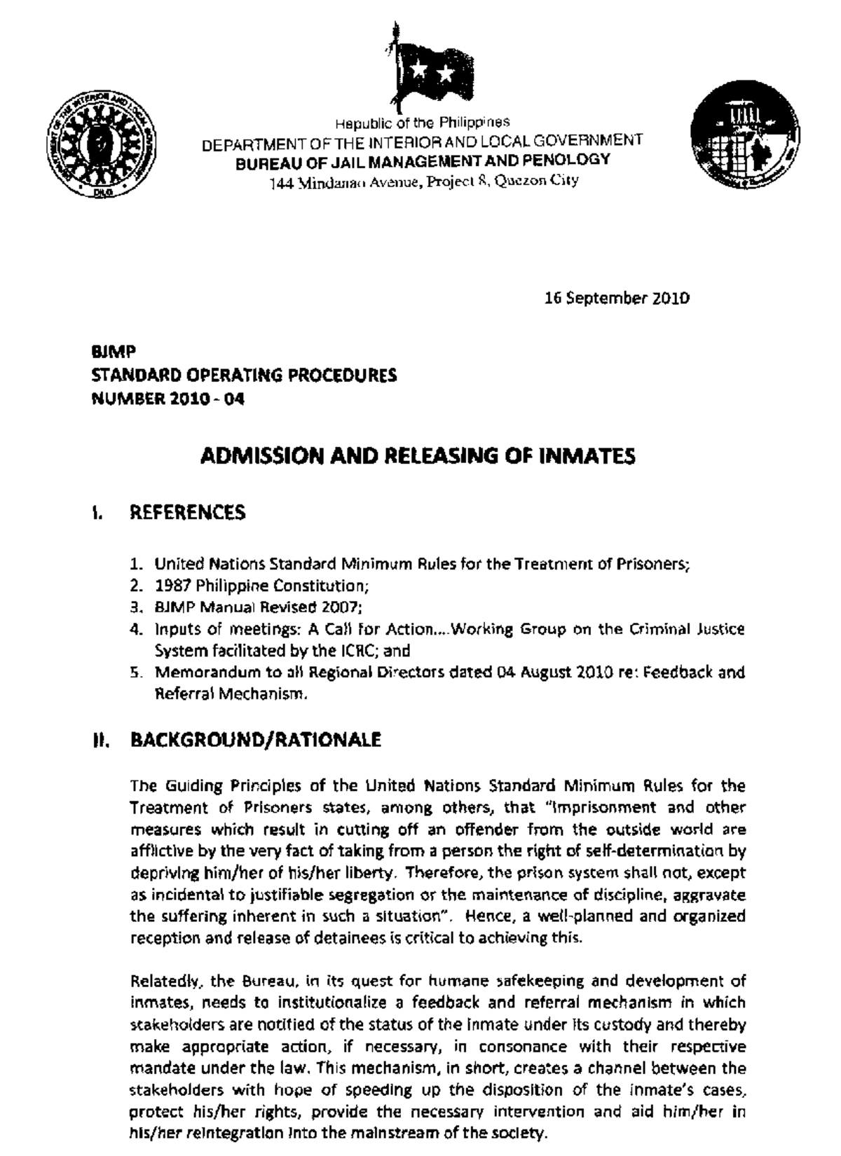 389108456 BJMP Standard Operating Procedures for Inmate Admission ...