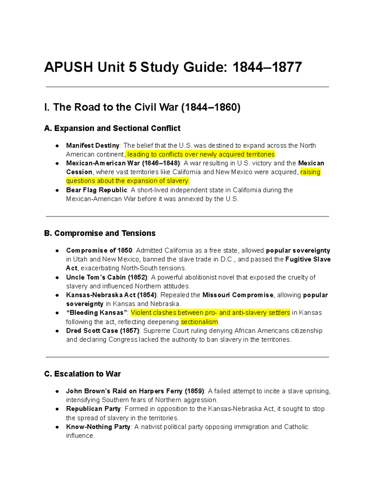 APUSH Unit 5 Study Guide: Key Events from 1844 to 1877 - APUSH Unit 5 ...