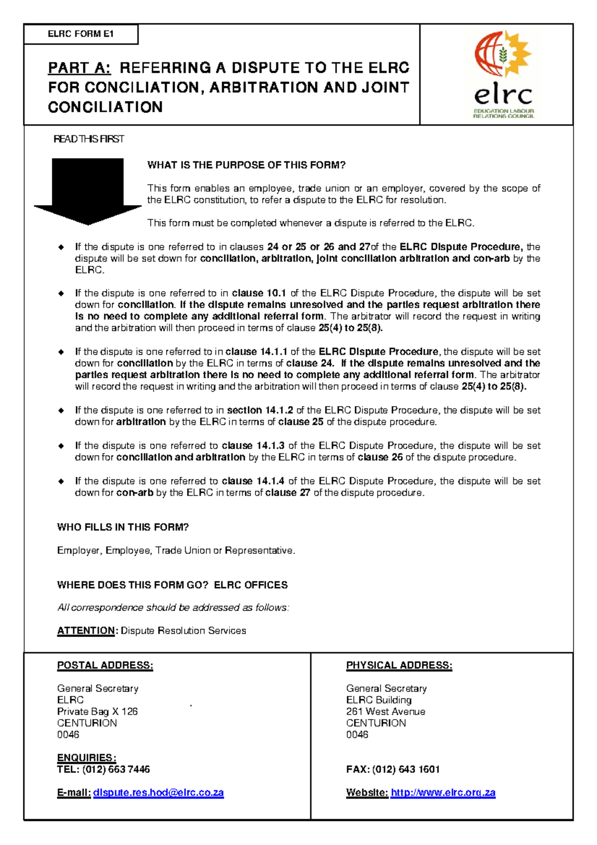 ELRC Form E1: Dispute Referral for Conciliation & Arbitration - Studocu