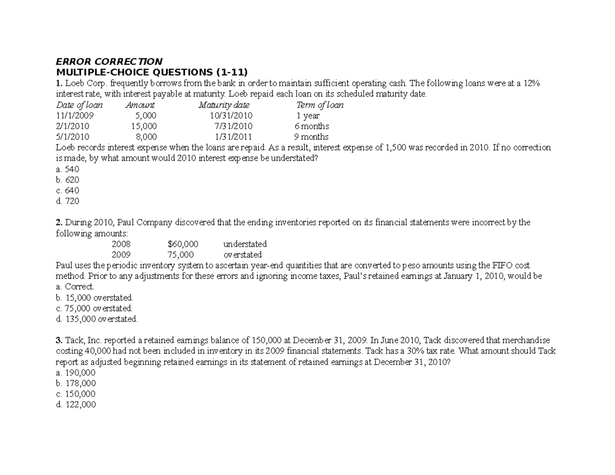 Error Correction in Financial Statements: MCQs & Simulations - Studocu