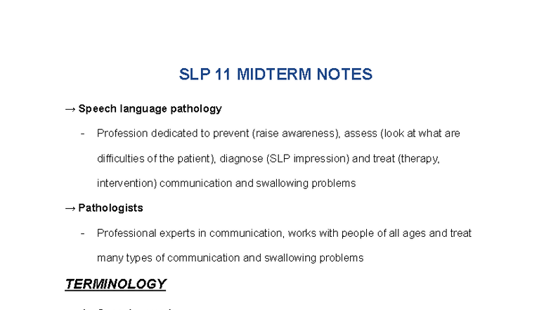 SLP 11 MIDTERM NOTES: Overview of Speech-Language Pathology - Studocu