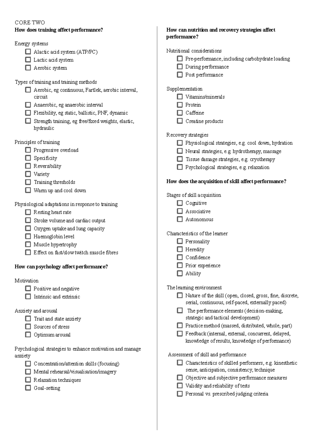 Pdhpe - Core 2 LHS Syllabus Summary on Training & Performance Factors ...