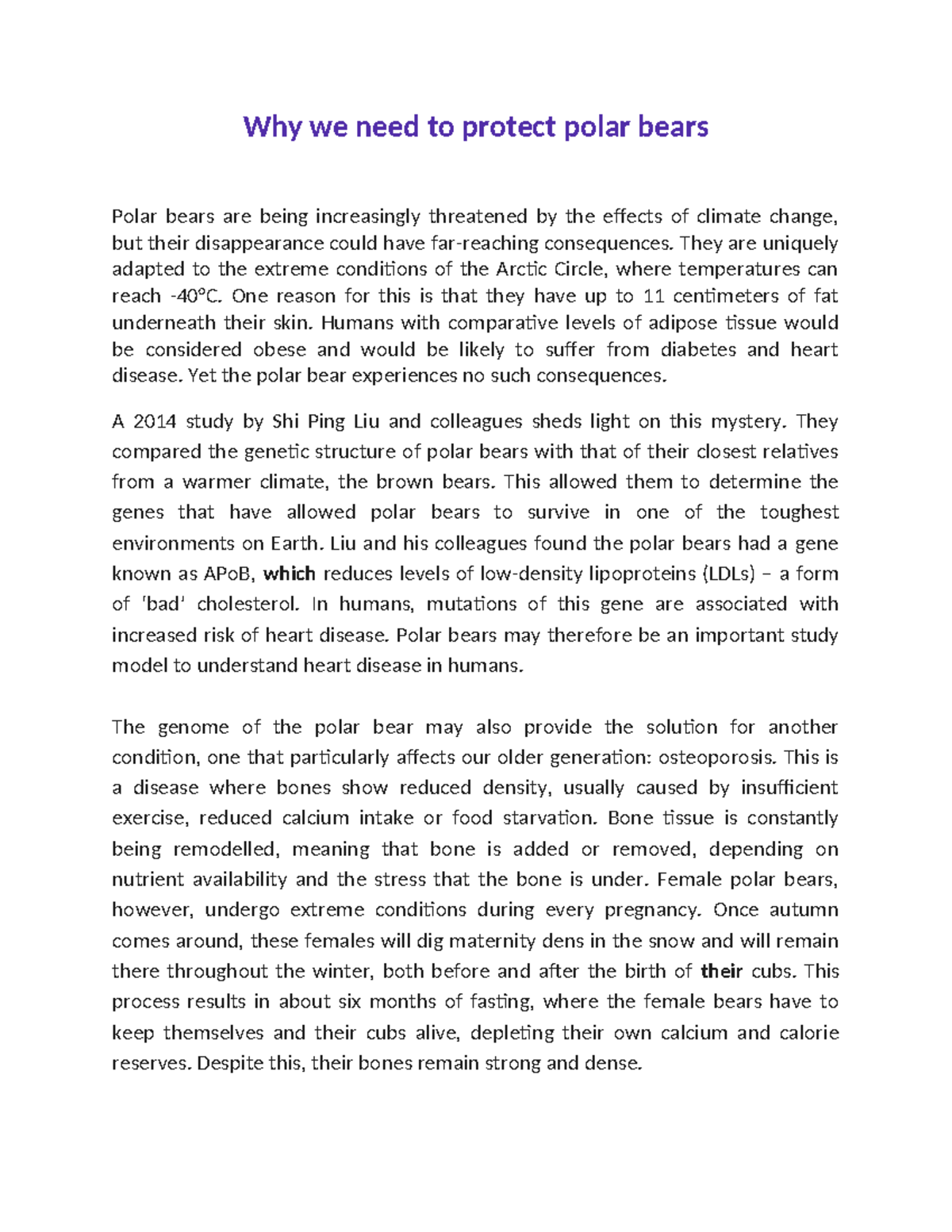 Homework Week 5 - Reading Passage: The Importance of Polar Bear ...