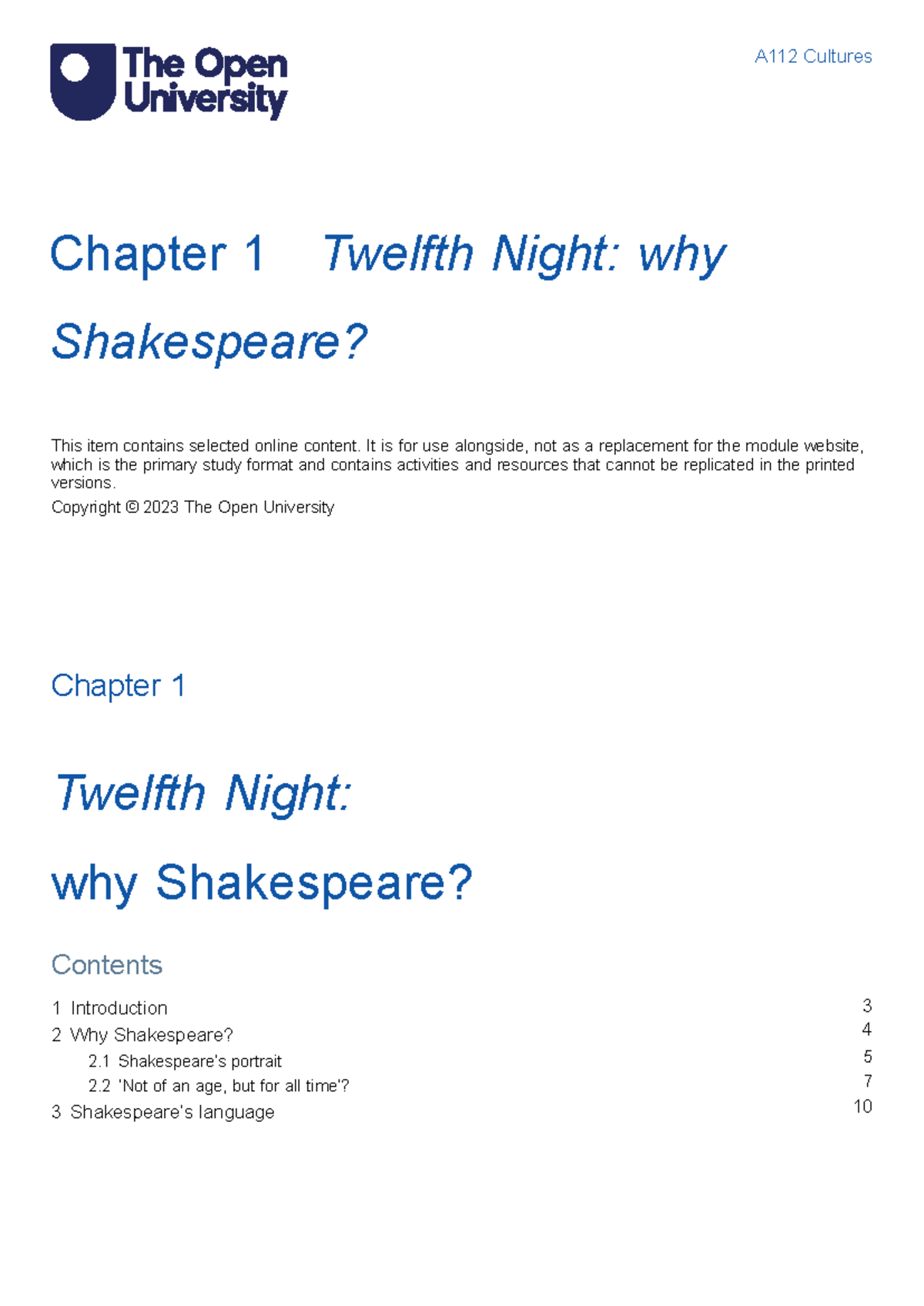 A112 Cultures: Exam Notes on Chapter 1 - Twelfth Night & Shakespeare ...