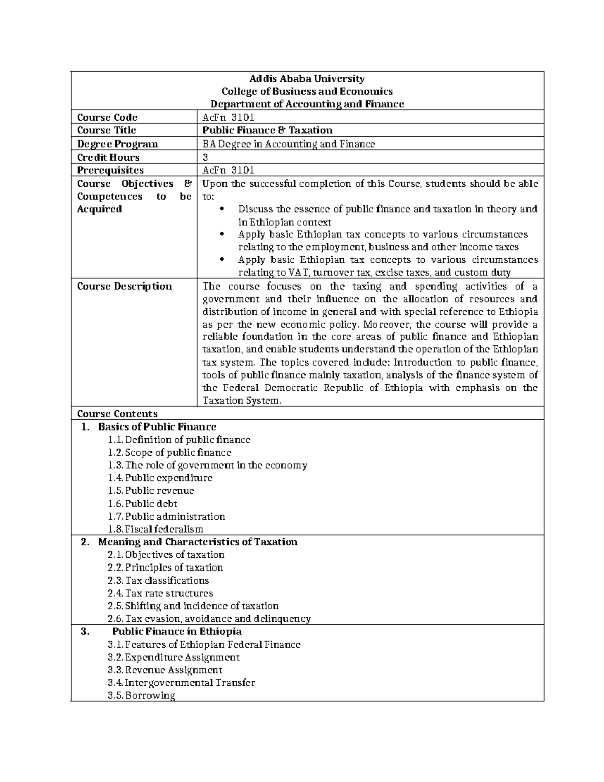 Public Finance & Taxation - AcFn 3101 Course Outline - Studocu