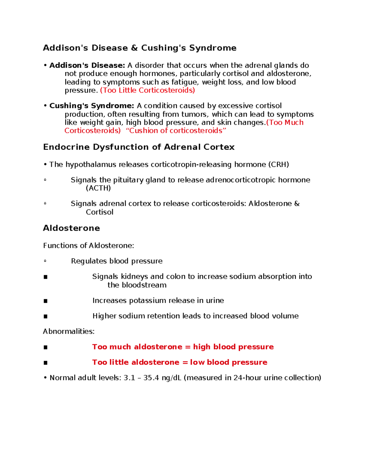 Endocrine Disorders: Addison’s Disease & Cushing's Syndrome Overview - Addison's Disease & - Studocu