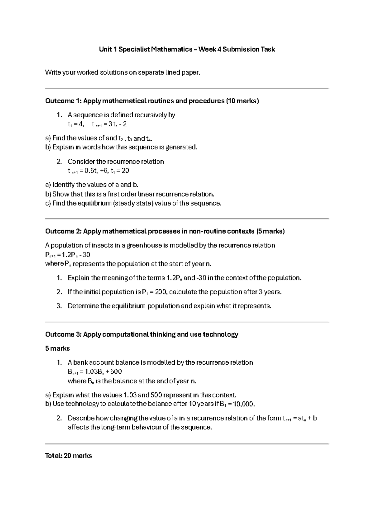 Unit 1 Specialist Mathematics Week 4 Submission Task Solutions - Studocu