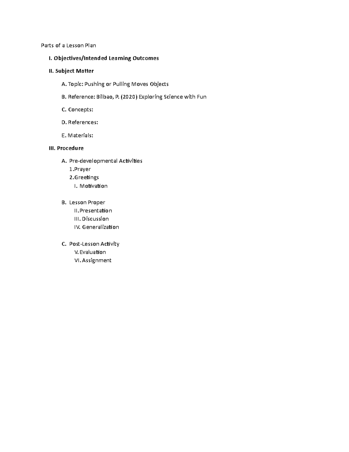 Educ 106- Lesson Plan - Parts of a Lesson Plan I. Objectives/Intended ...