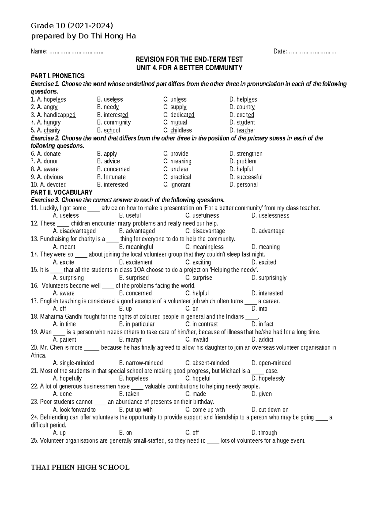 Grade 10 revision for the test: Unit 4 - For a better community - Studocu
