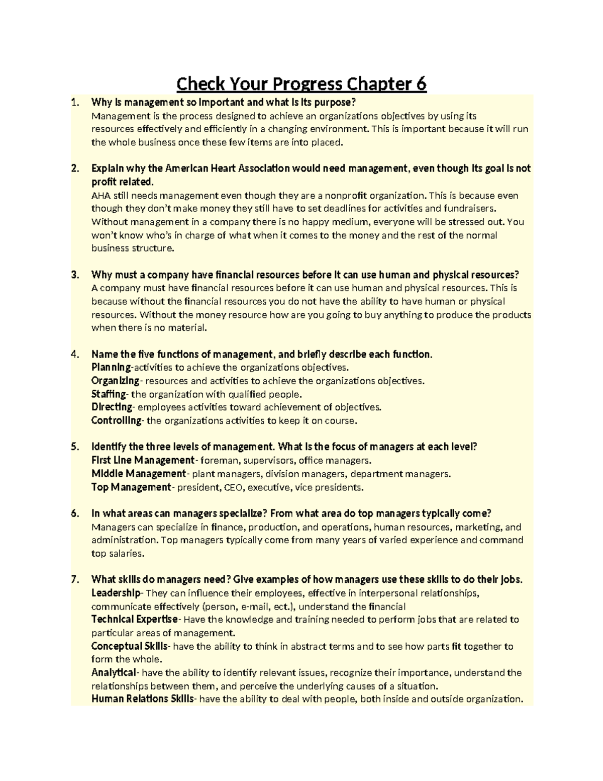 Management essay - Check Your Progress Chapter 6 Why is management so ...