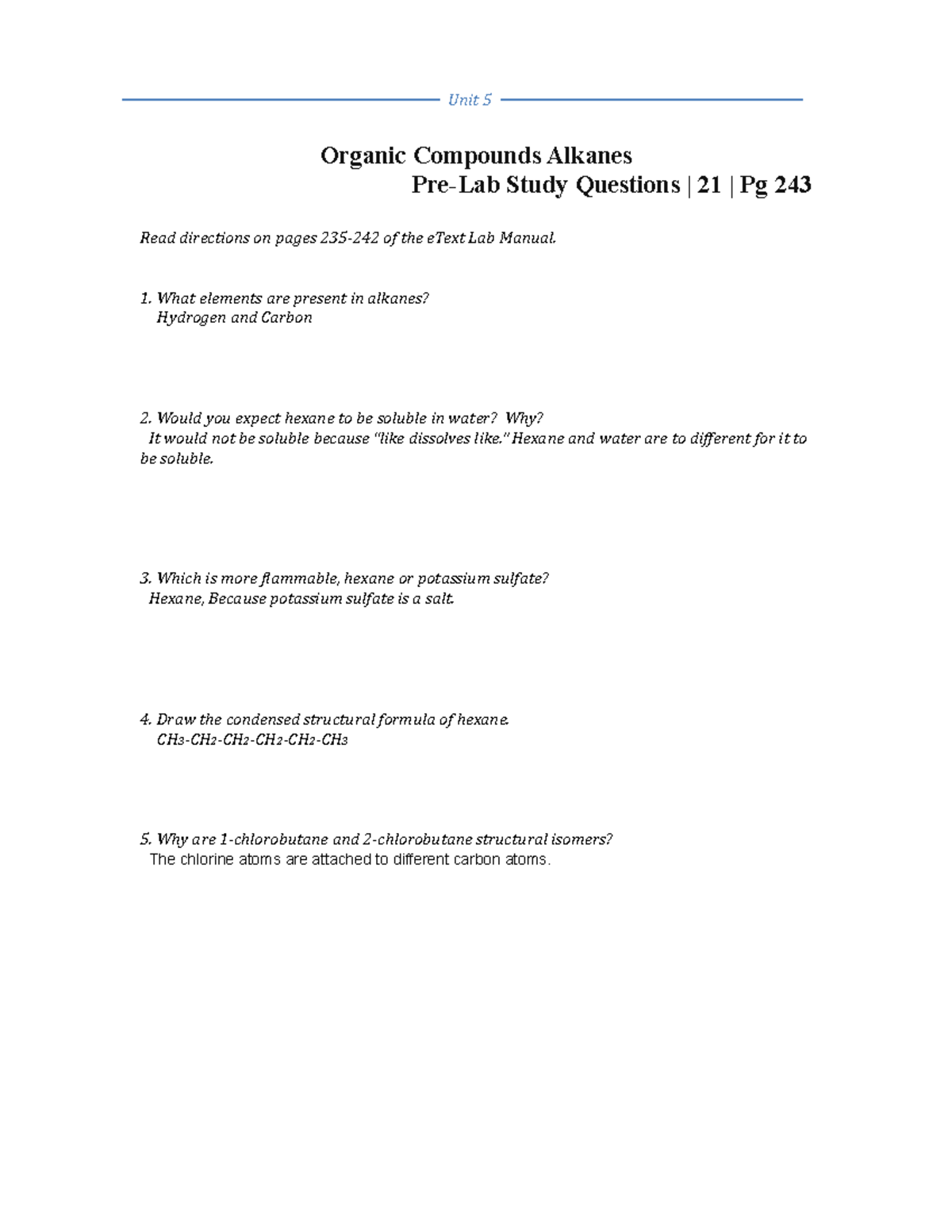 Organic Compounds Alkanes - Organic Compounds Alkanes Pre-Lab Study ...