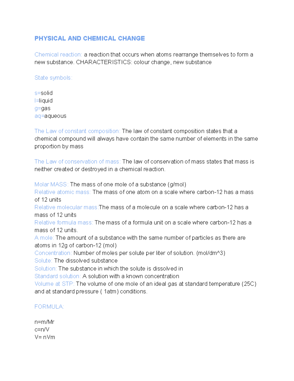 Term 3 Chemistry Grade 10 Class Notes: Physical & Chemical Changes ...