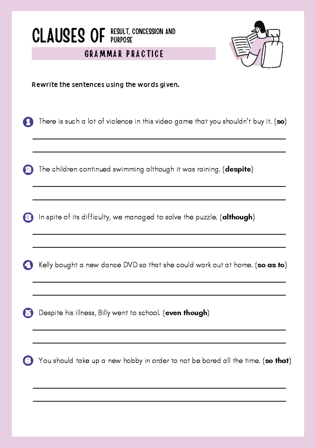 Exercisee - Grammar exercise - CLAUSES OF RESULT, CONCESSION AND ...