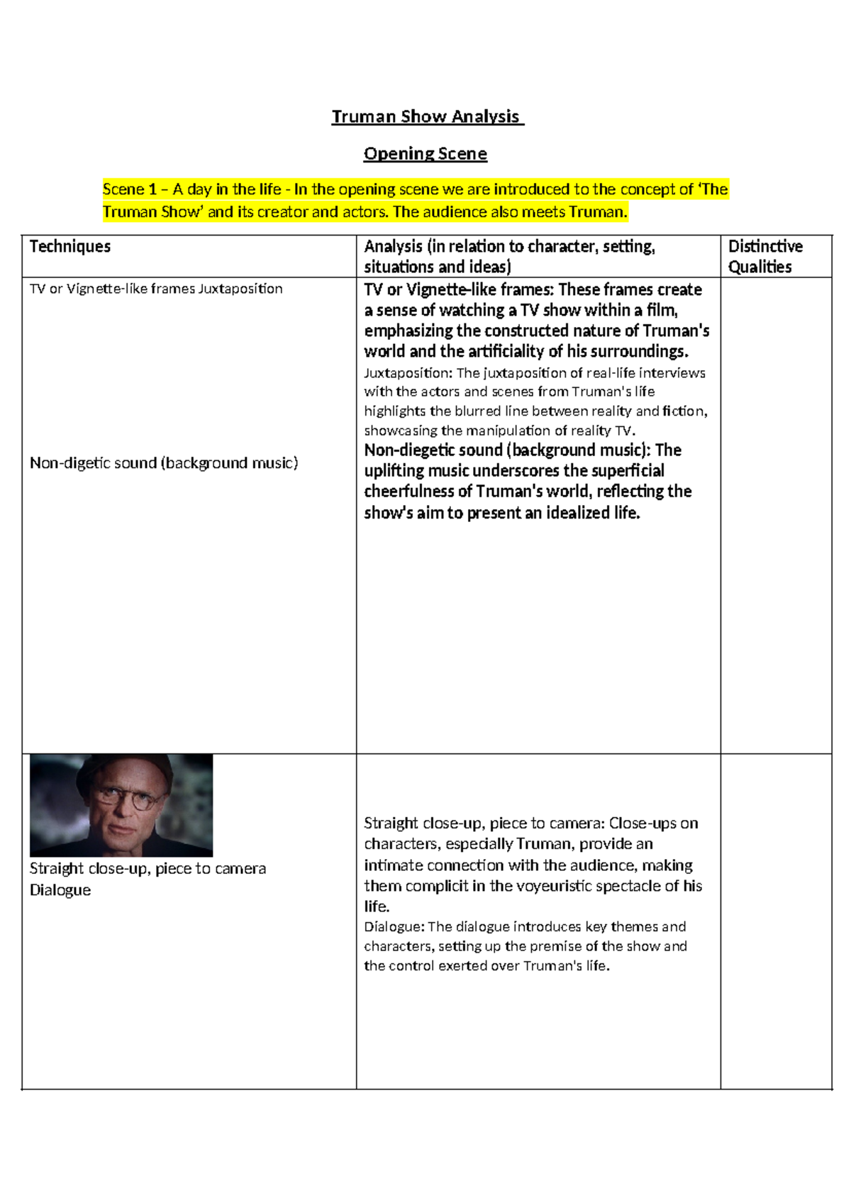Film Analysis Worksheet: Exploring Techniques in The Truman Show - Studocu