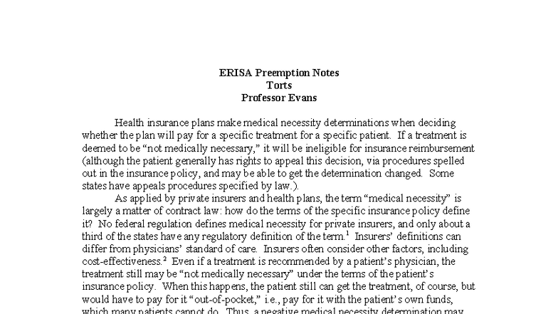ERISA 19 Unit 25: Preemption Notes on Health Insurance Torts - Studocu
