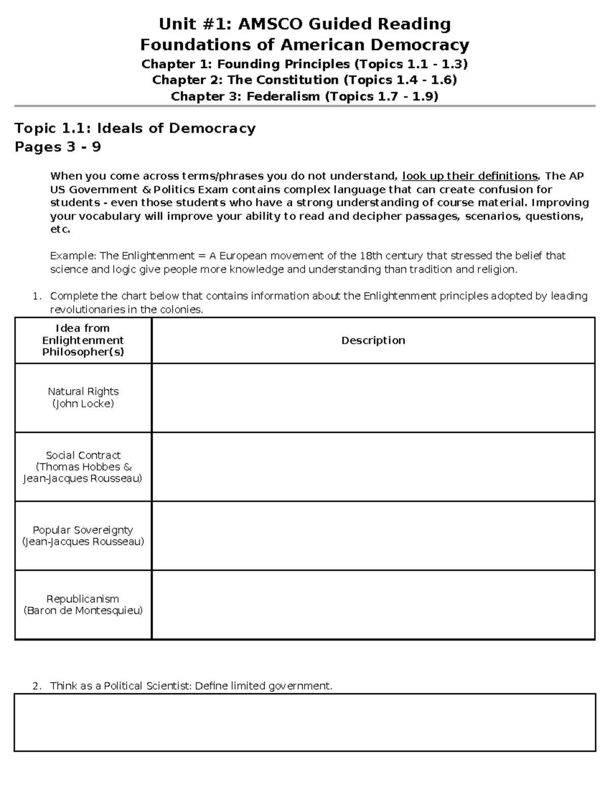 Unit 1 Reading Guide: Foundations of American Democracy (Chapters 1-3 ...