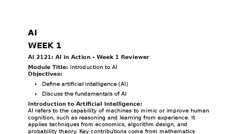 AI 2121: AI in Action - Week 1 Overview and Key Concepts - Studocu