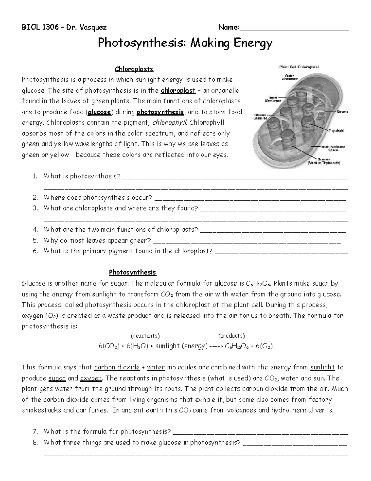BIOL 1306 Photosynthesis Worksheet: Understanding Chloroplasts - Studocu