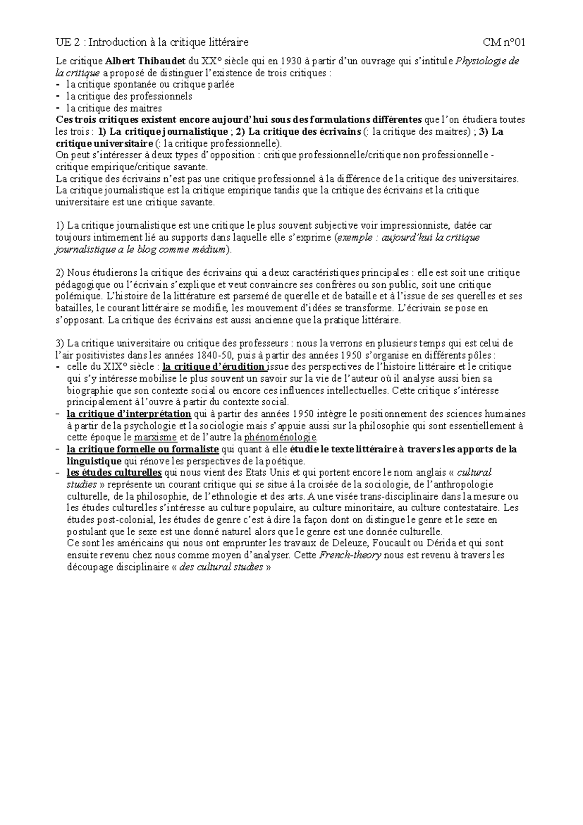 Introduction à la critique littéraire (sauf cours 11) - UE 2 ...