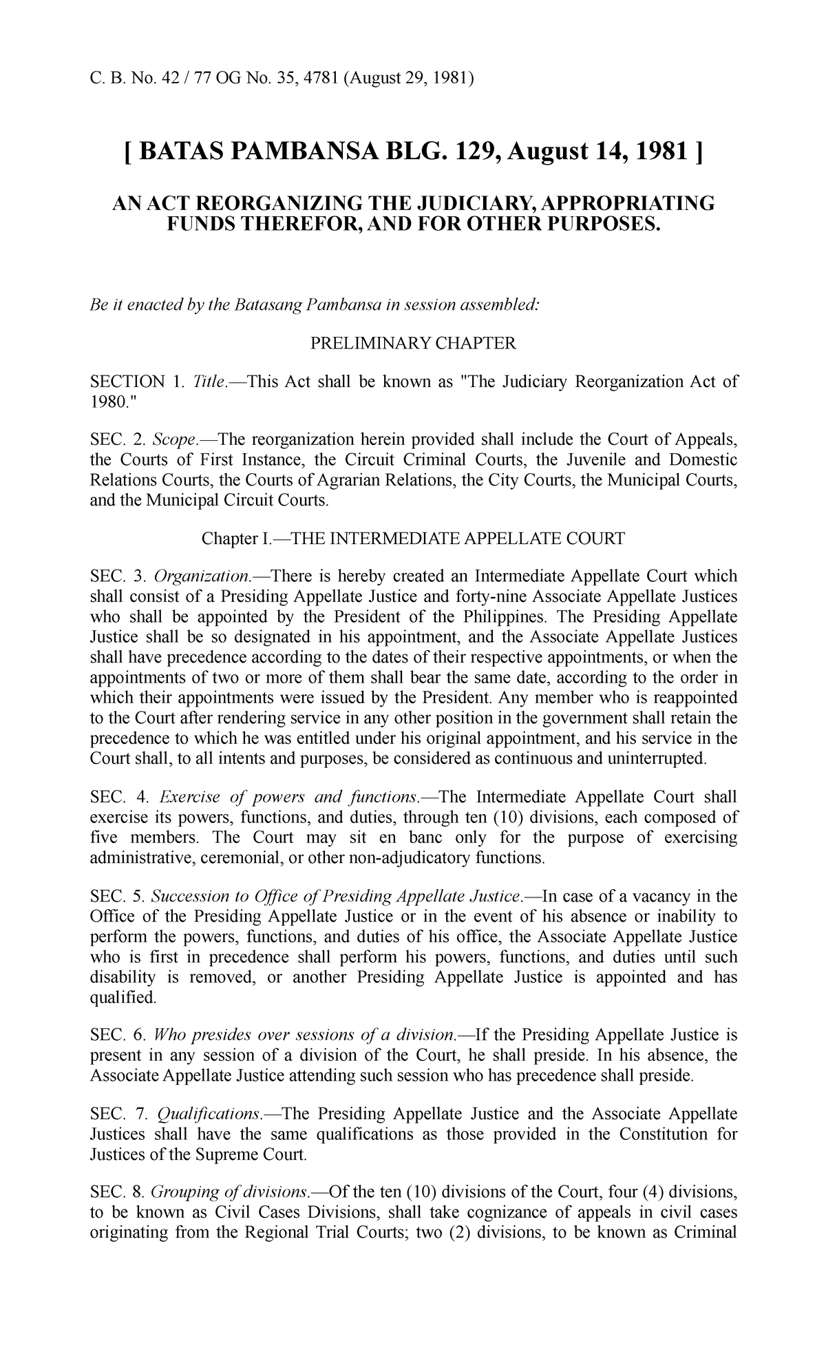 Batasang Pambansa Blg. 129: Judiciary Reorganization Act Overview - Studocu