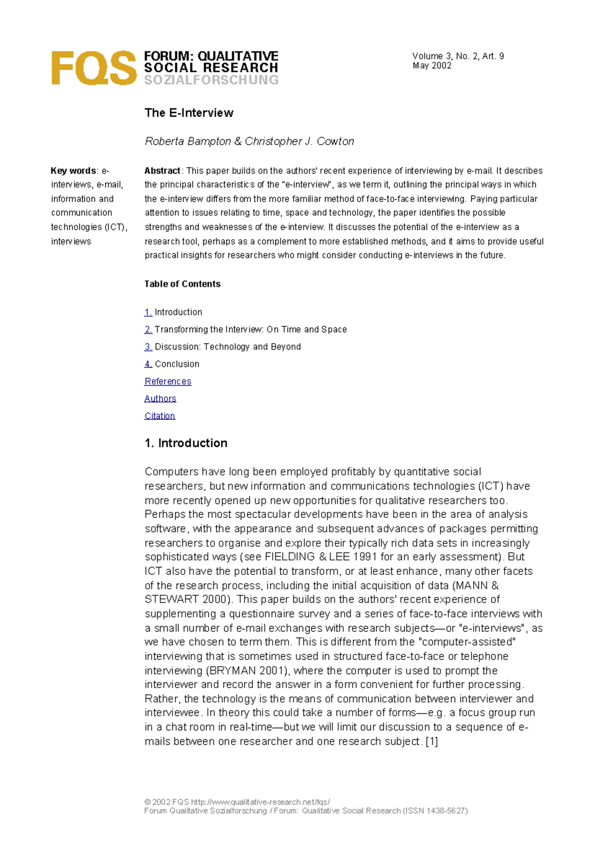 The E-interview - ssdd - The E-Interview Roberta Bampton & Christopher ...