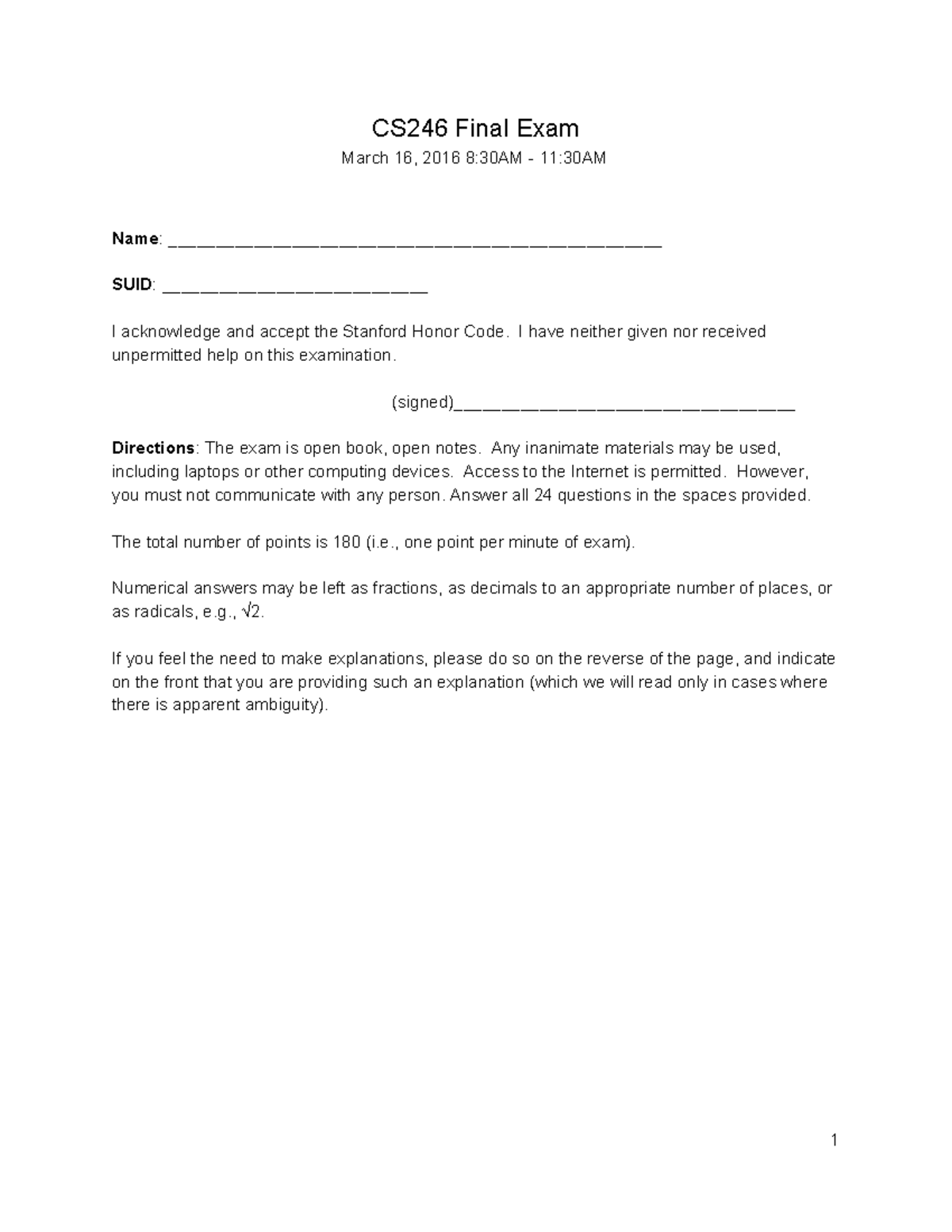 Final 2016 - CS246 Final Exam March 16, 2016 8:30AM - 11:30AM Name: - Studocu