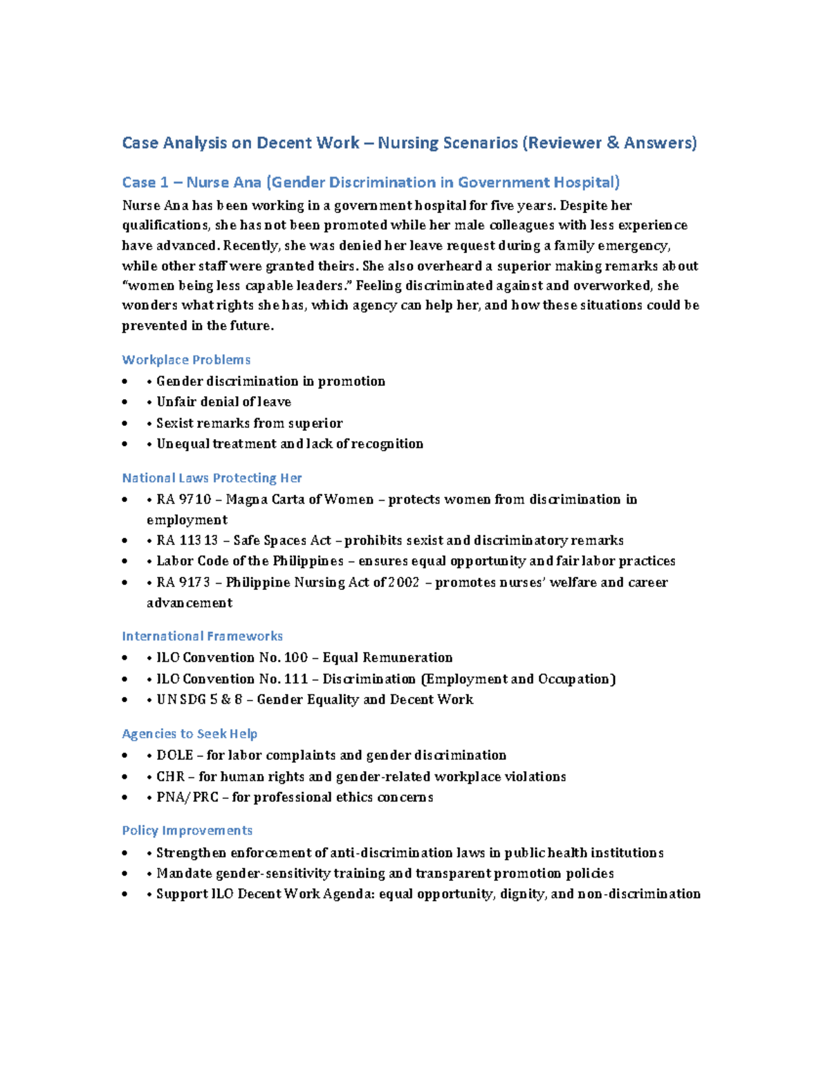 Case Study: Gender Discrimination in Nursing (RA 9710, RA 11313) - Studocu
