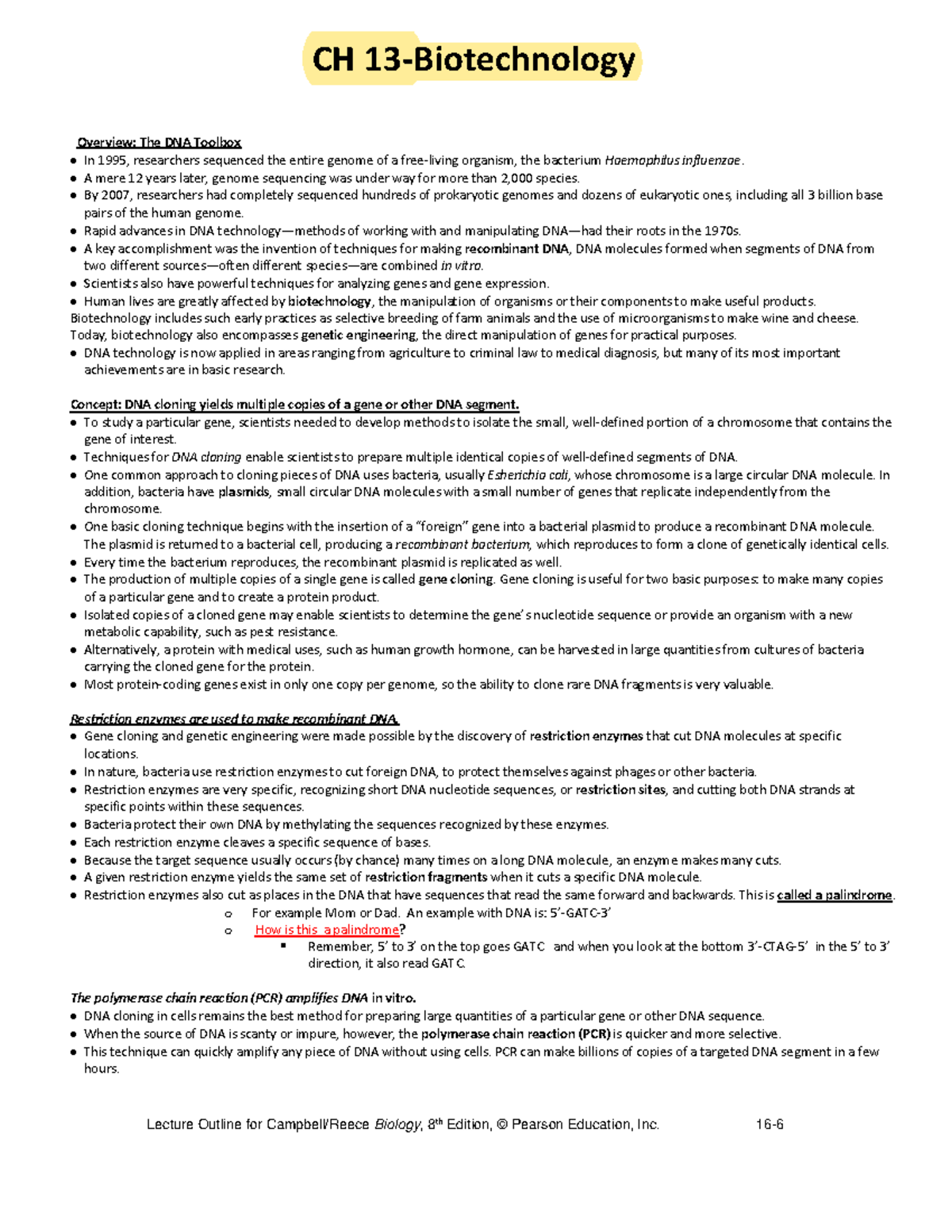 Biotechnology & Genetic Engineering: Lecture Outline for Biology 8th Ed ...