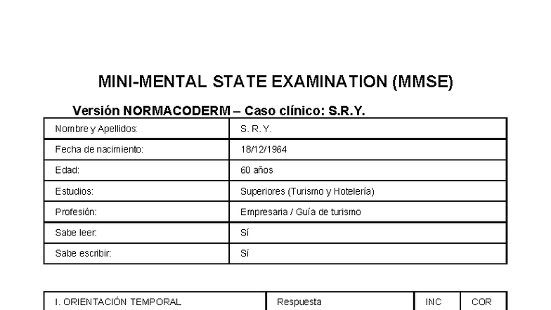 Mini-Mental State Exam (MMSE) - Caso Clínico S.R.Y. - Studocu