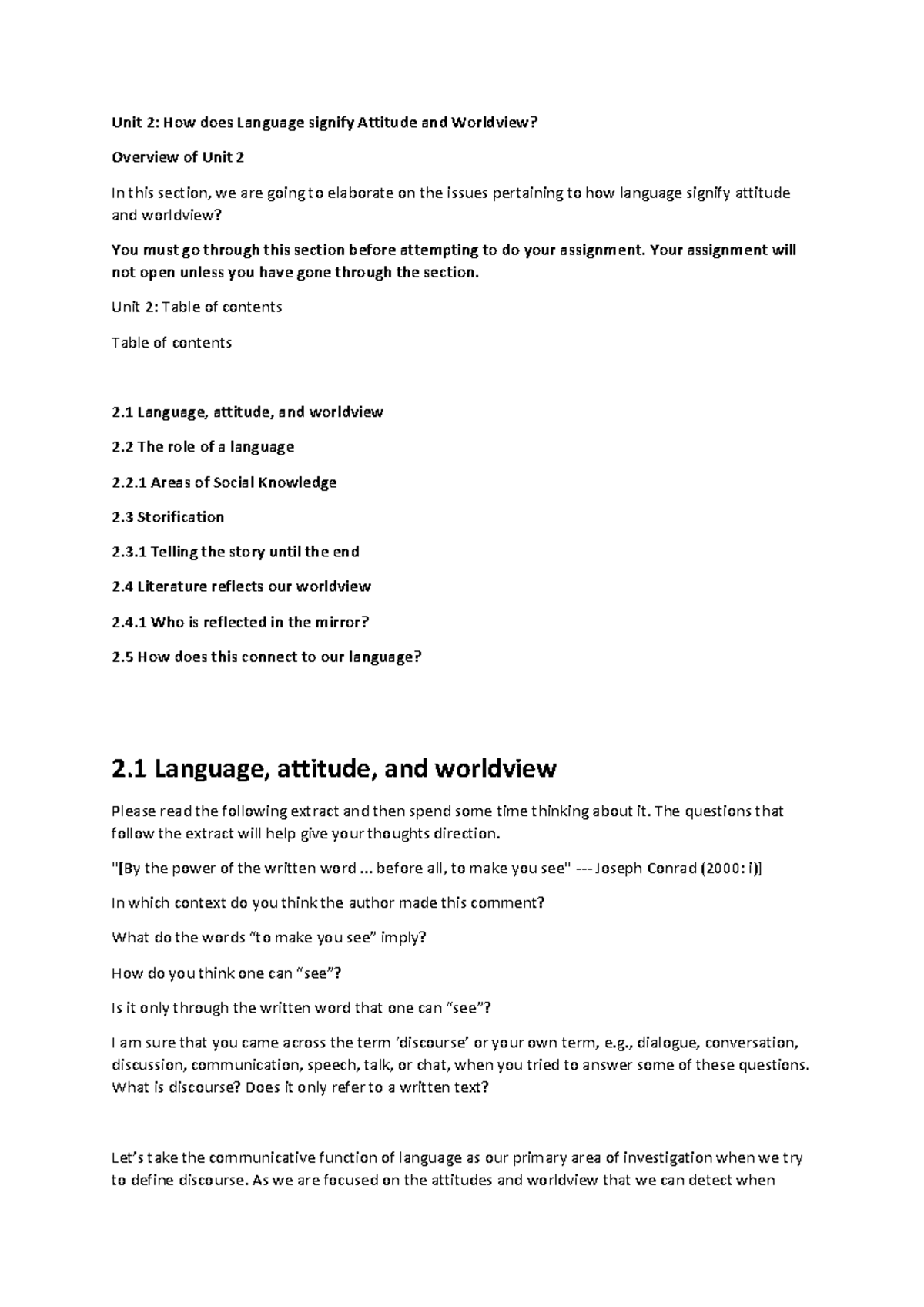 Unit 2 Study Notes: Language, Attitude & Worldview Insights - Studocu