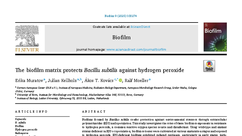 Biofilm 9 (2025) Study on Bacillus subtilis Resistance to Hydrogen ...
