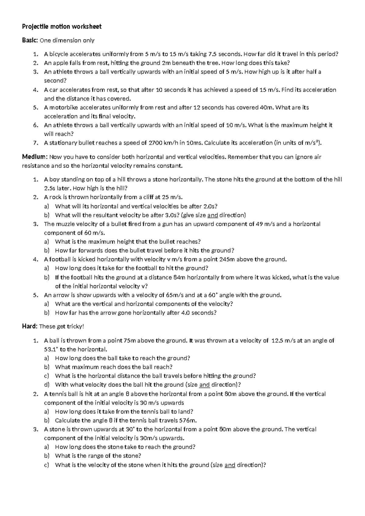 Projectile Motion Worksheet - Concepts & Problems (Physics 101) - Studocu