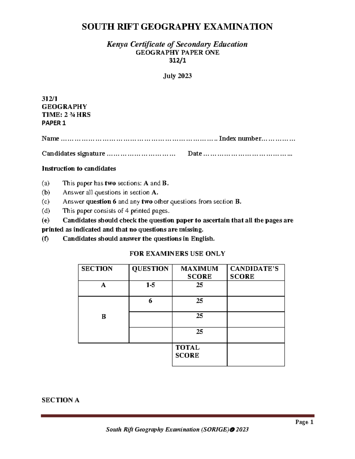 South RIFT Geography Examination 2023 PP1 - Page 1 SOUTH RIFT GEOGRAPHY ...