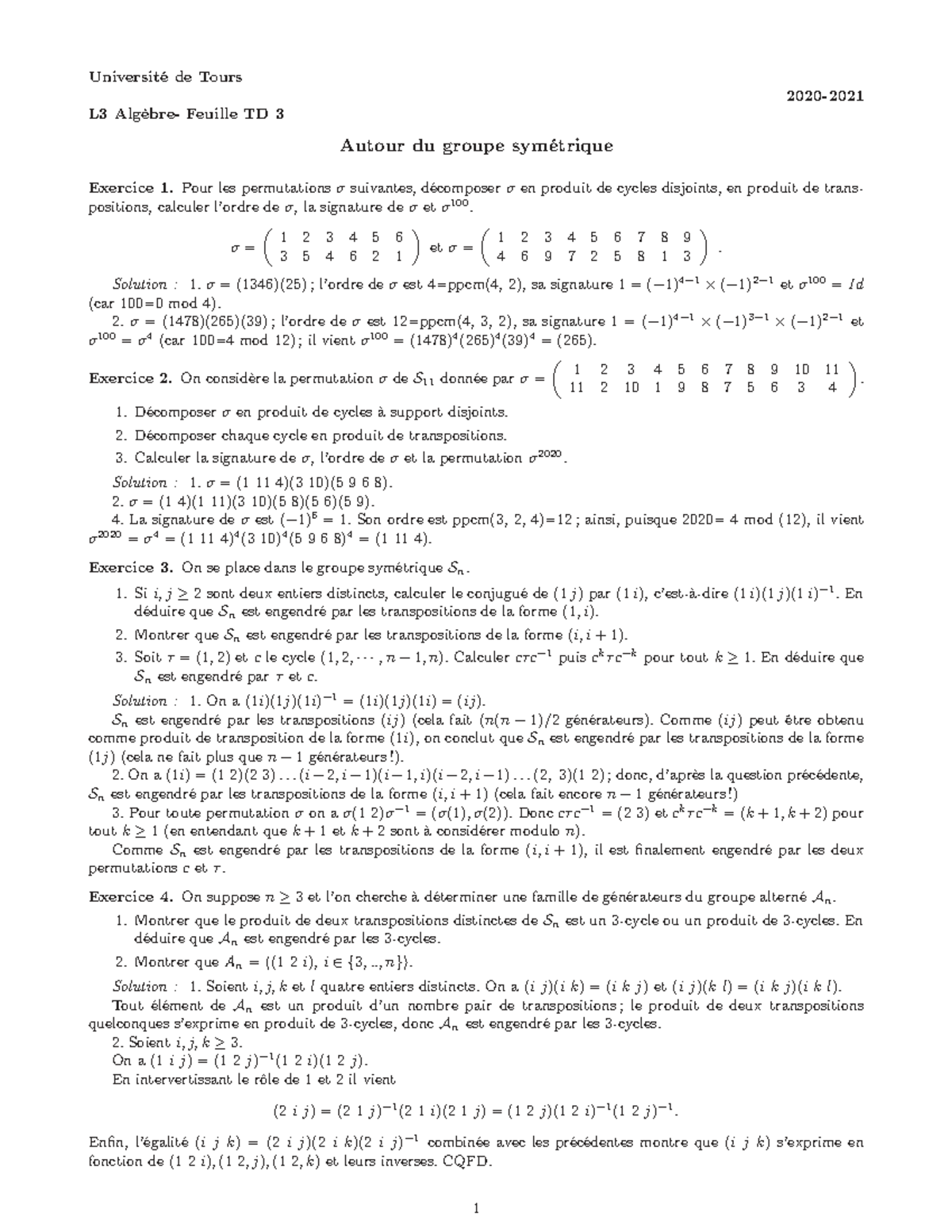 Td3 Algebre CORR - L3 Groupes et Anneaux: Exercice sur le Groupe Symétrique - Studocu